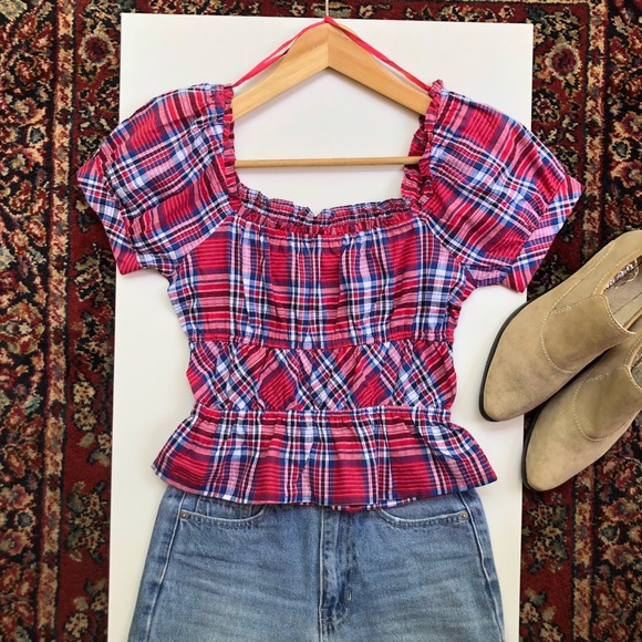 Sim & Sam | Tops | New Sim Sam Red White Blue Plaid Milkmaid Top | Poshmark